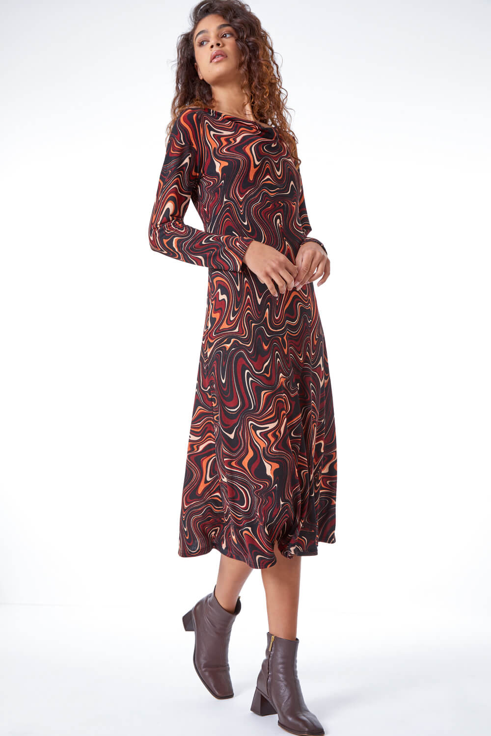 Swirl Print Cowl Neck Midi Dress in Red - Roman Originals UK