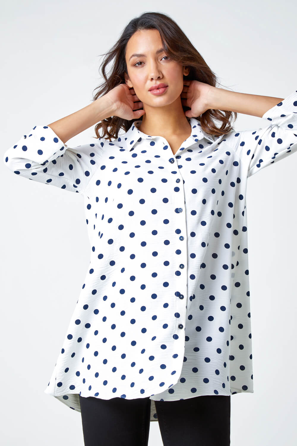 Ivory Polka Dot Longline Swing Shirt | Roman UK