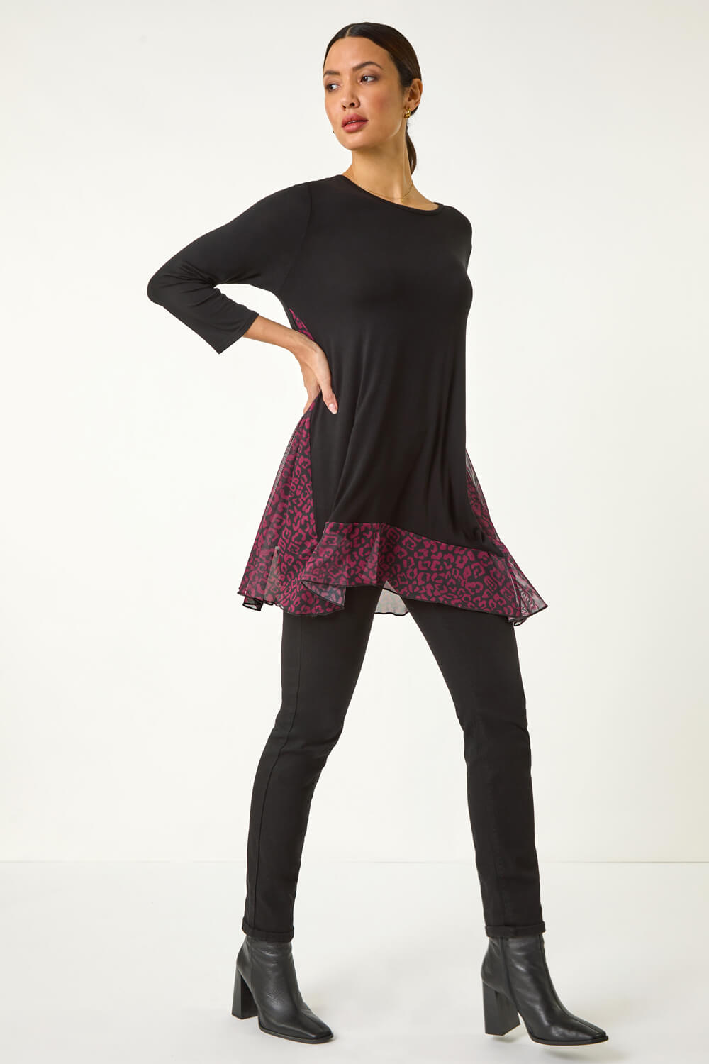 Wine Animal Print Contrast Mesh Hem Stretch Top | Roman UK