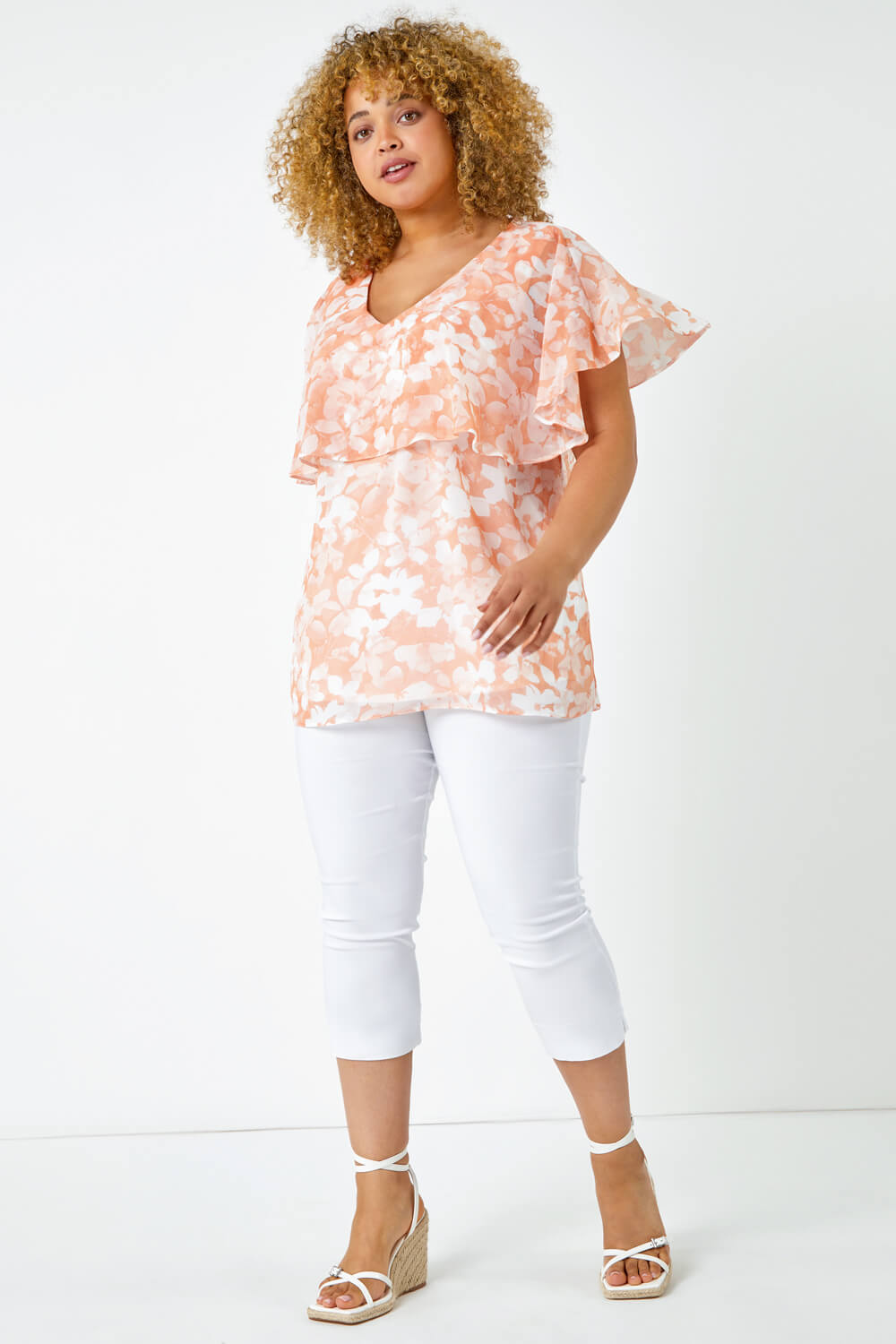 Curve Floral Chiffon Overlay Top in Coral - Roman Originals UK