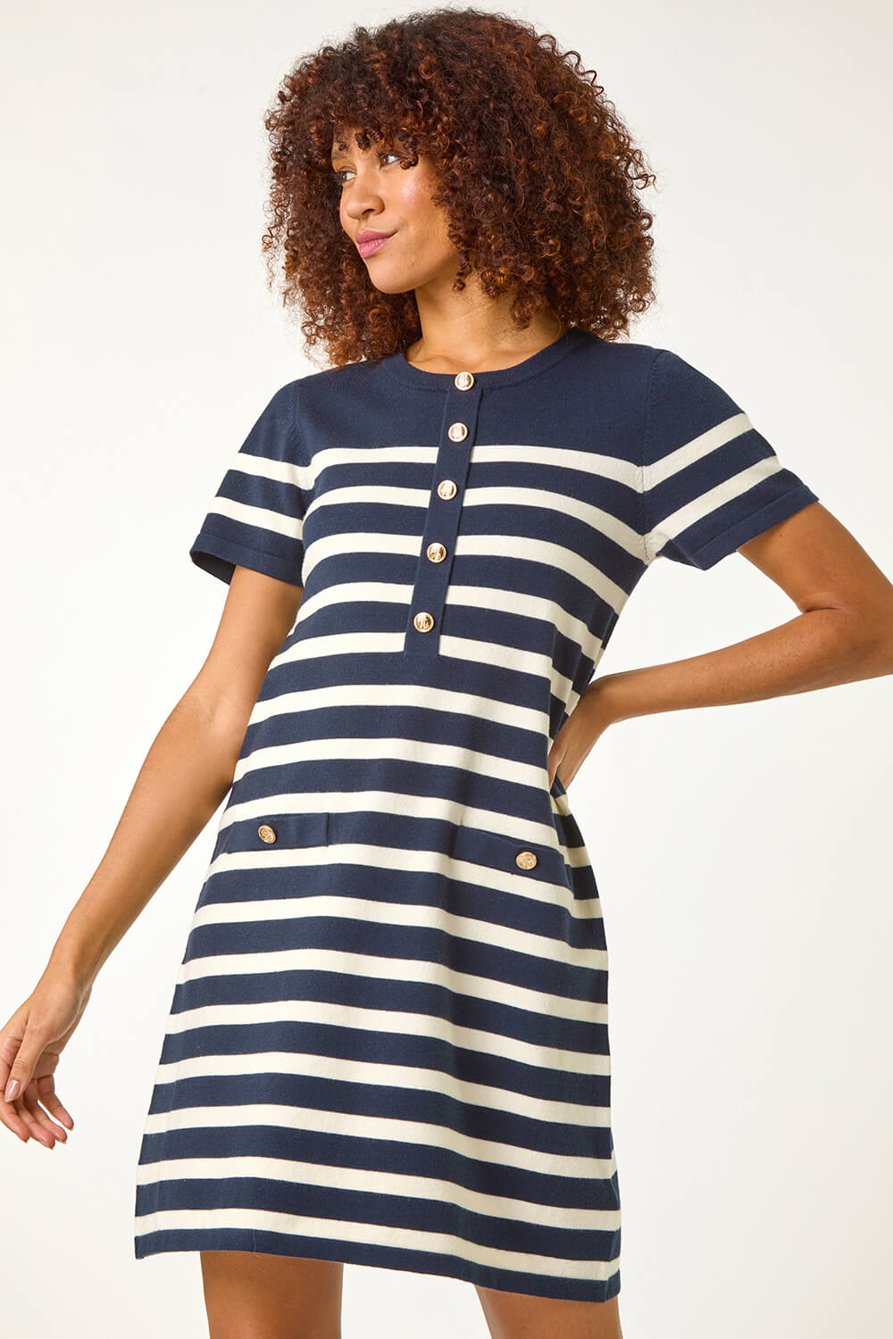 Navy Stripe Button A-Line Knit Dress | Roman UK