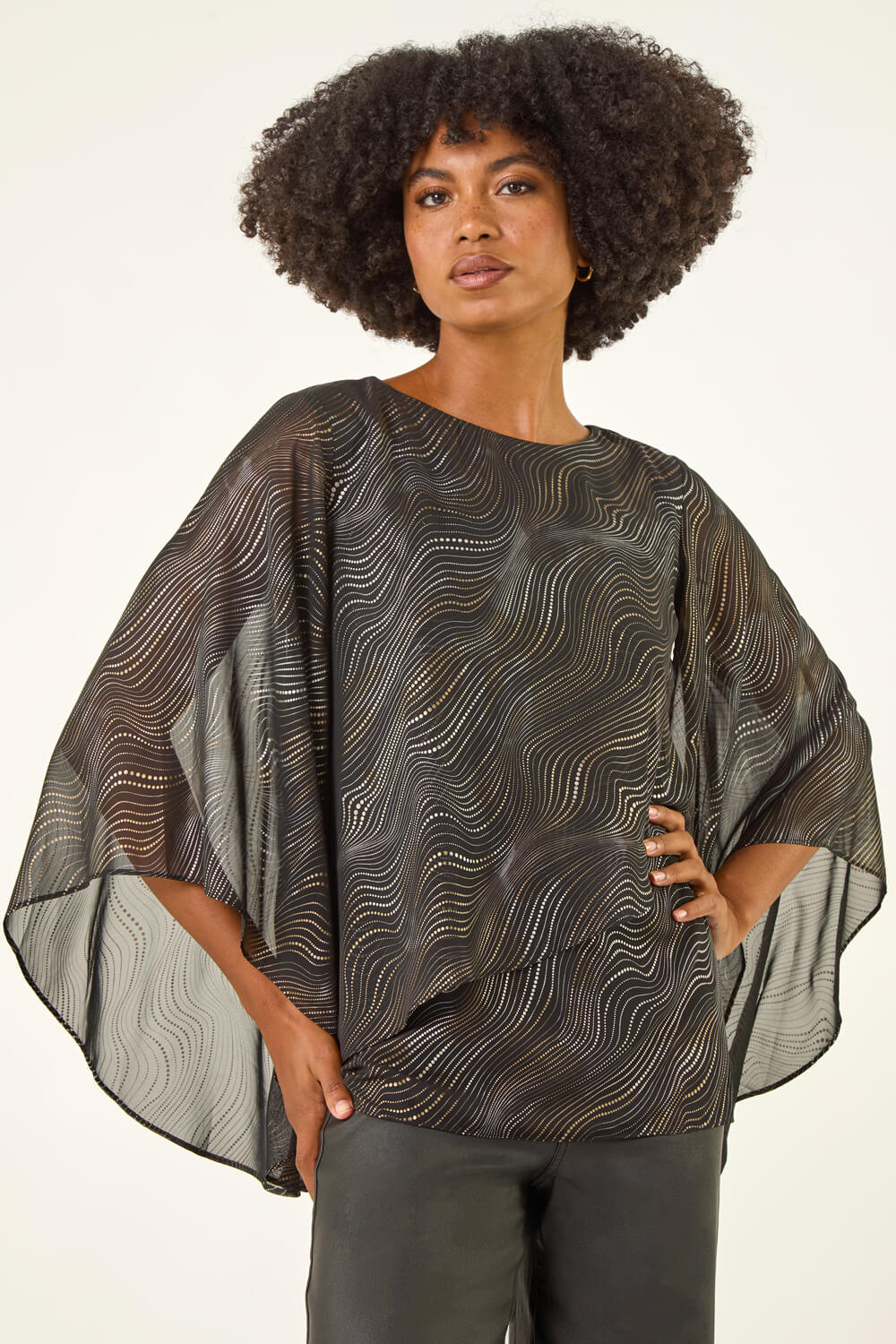 Black Wavy Spot Foil Overlay Top | Roman UK