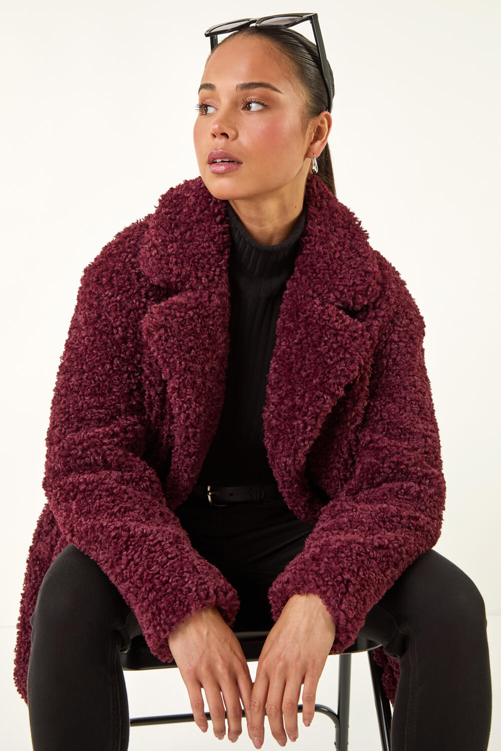 Wine Petite Teddy Longline Coat | Roman UK