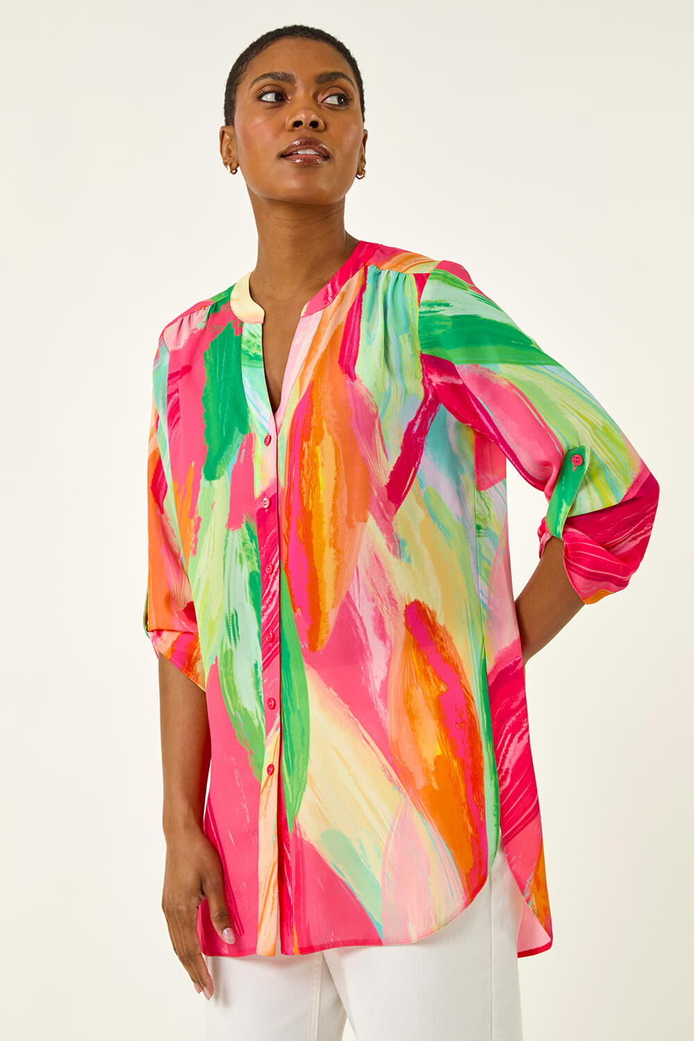 Pink Abstract Print V-Neck Button Blouse | Roman UK
