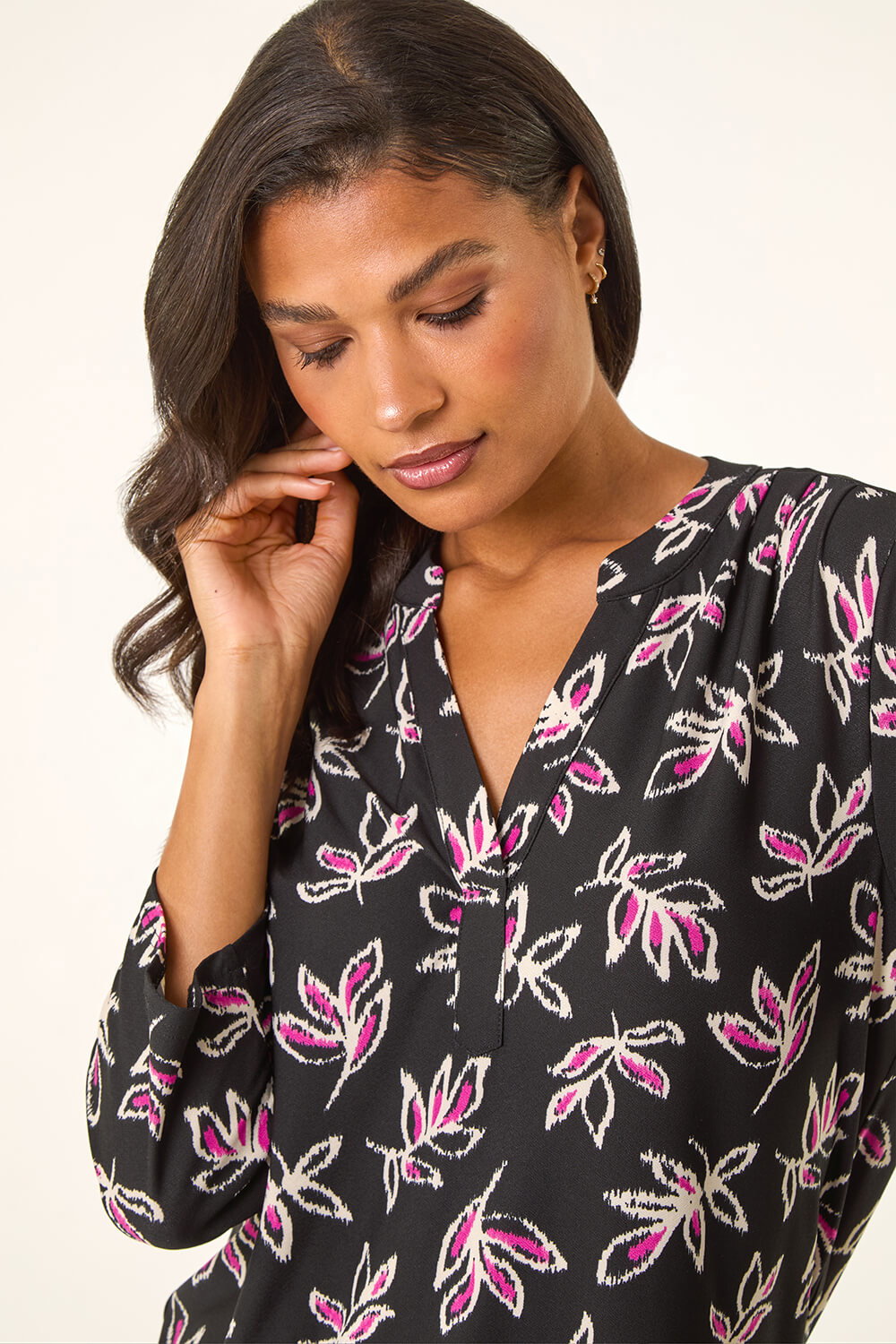 Black Abstract Print V-Neck Stretch Top | Roman UK