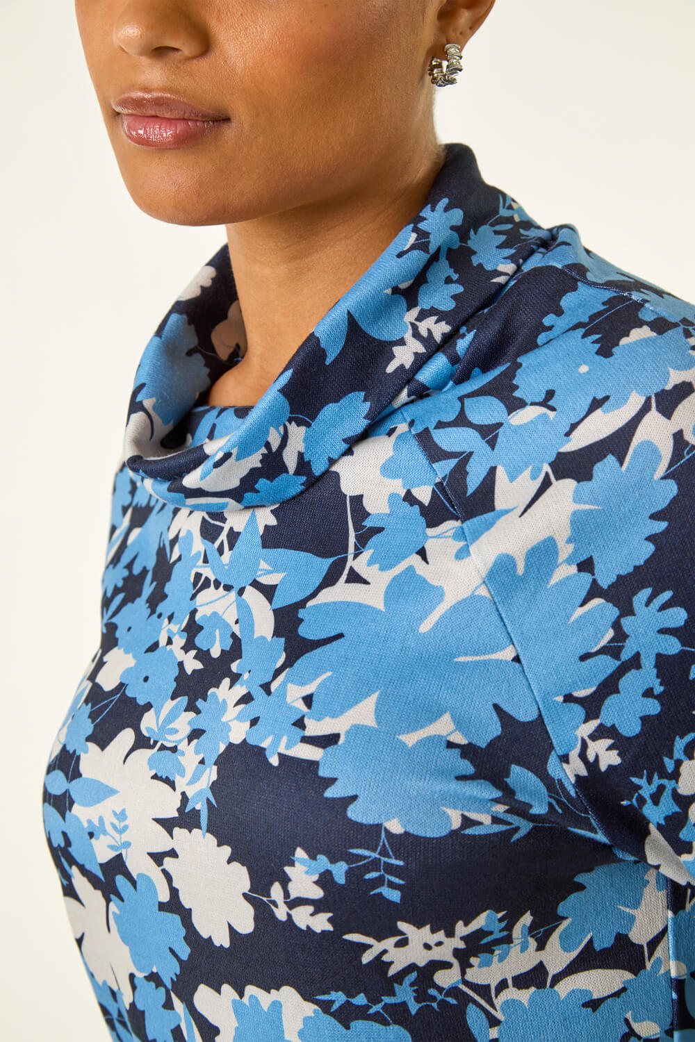Blue Floral Print Cowl Neck Top | Roman UK