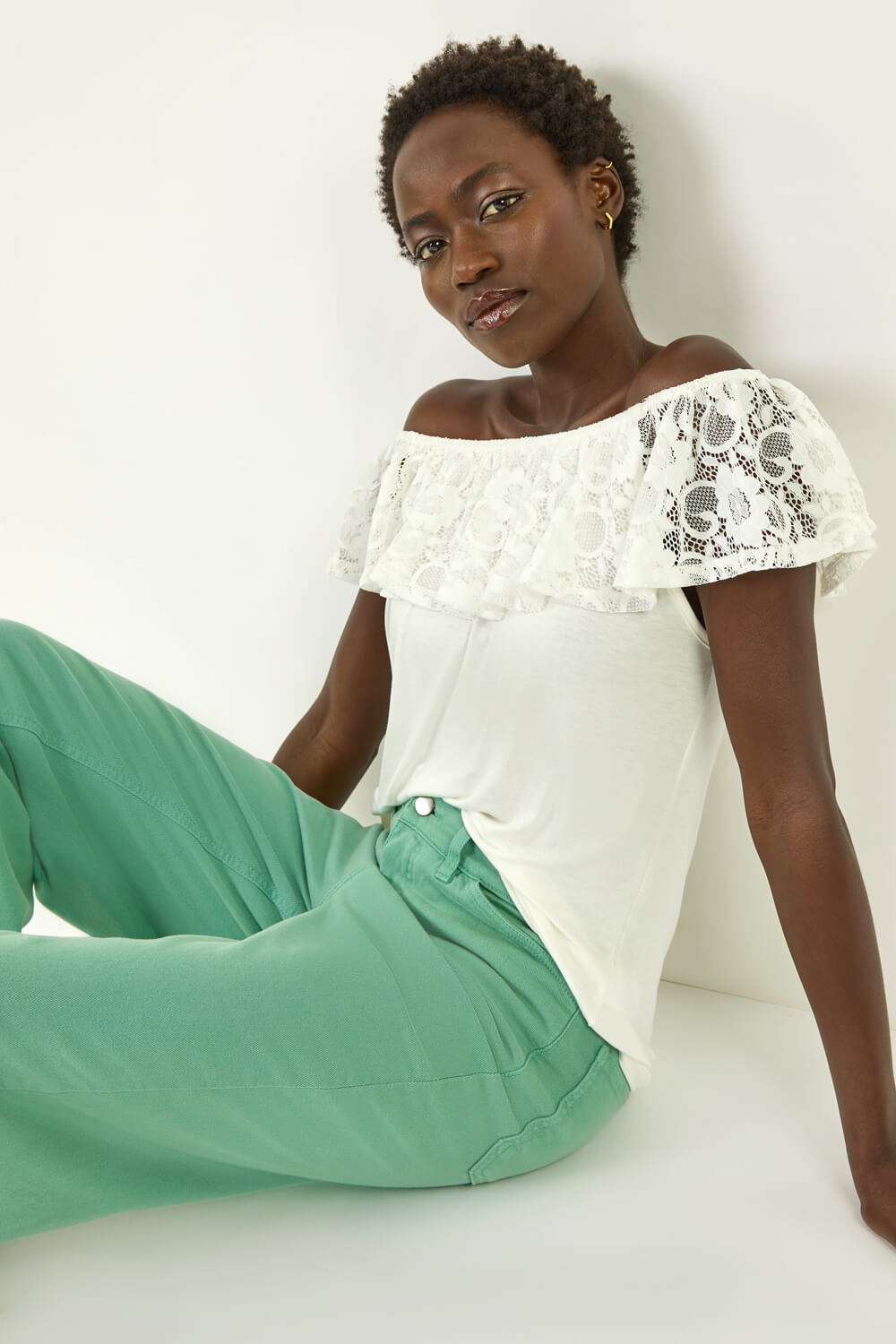 Ivory Lace Trim Bardot Top | Roman UK