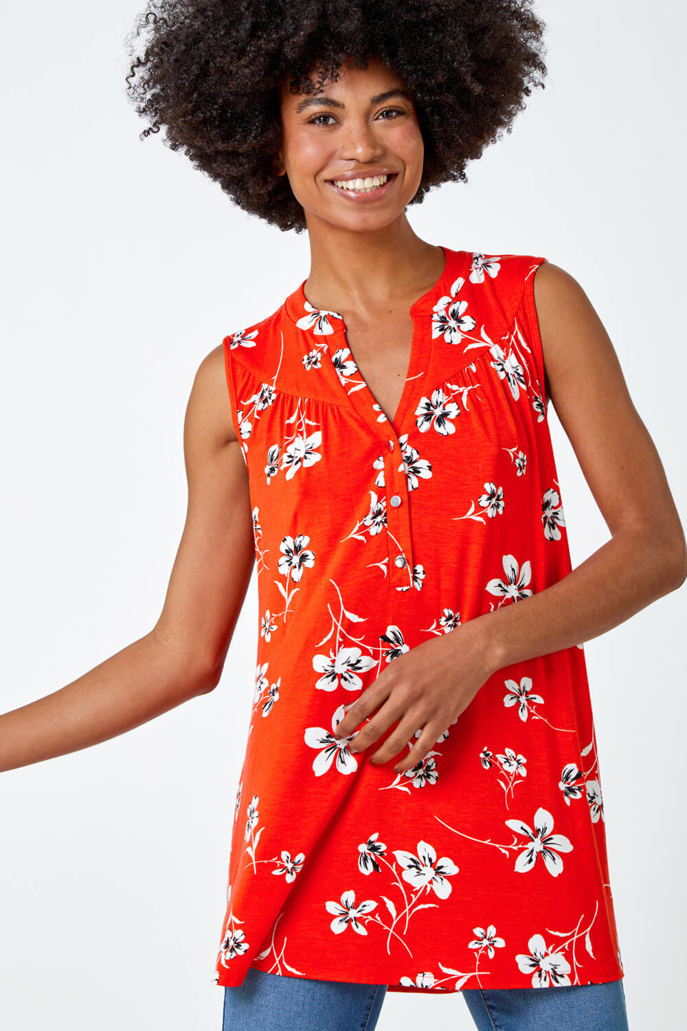 Sleeveless Floral Print Top in Red - Roman Originals UK