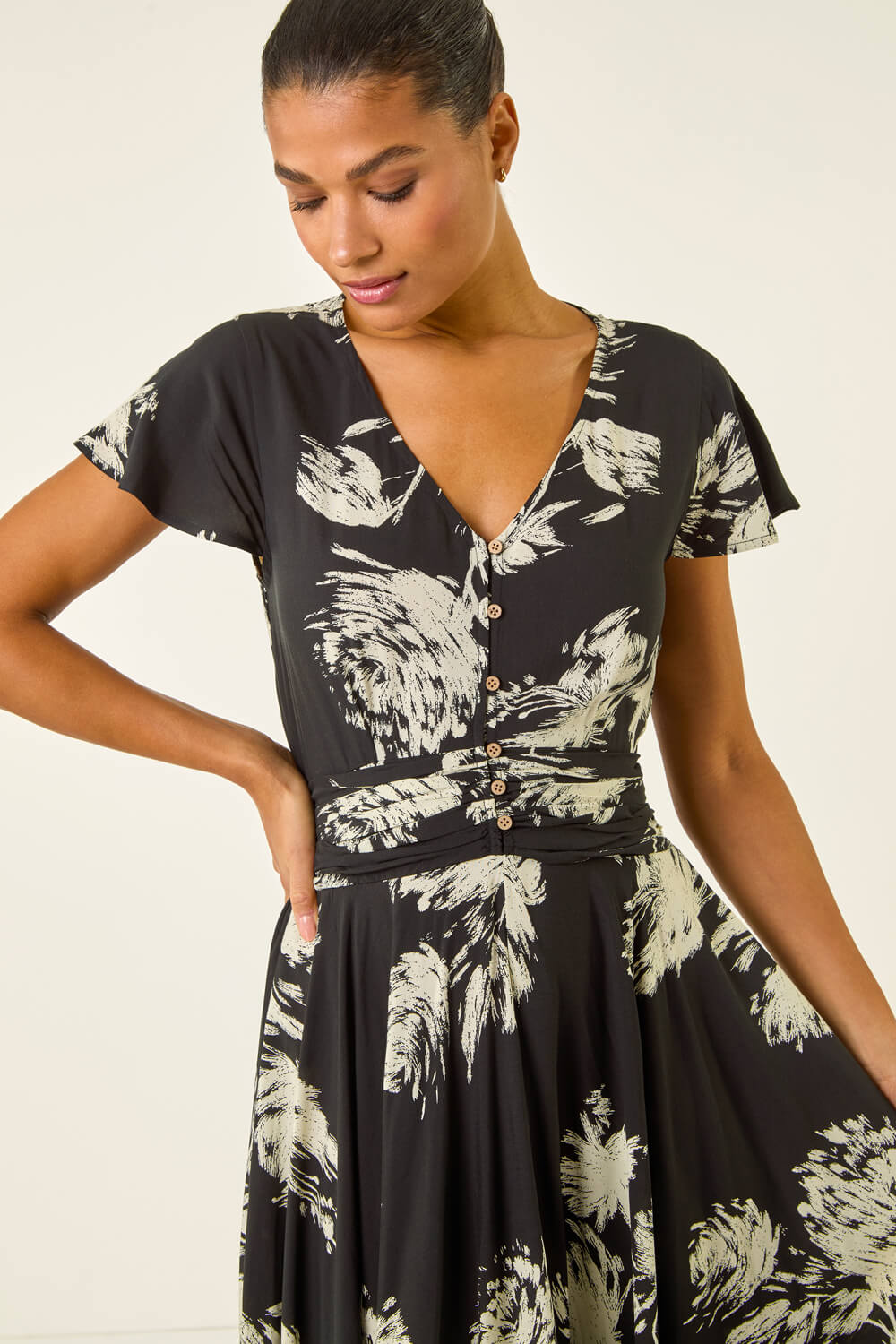 Black Floral Print Ruched Midi Dress | Roman UK