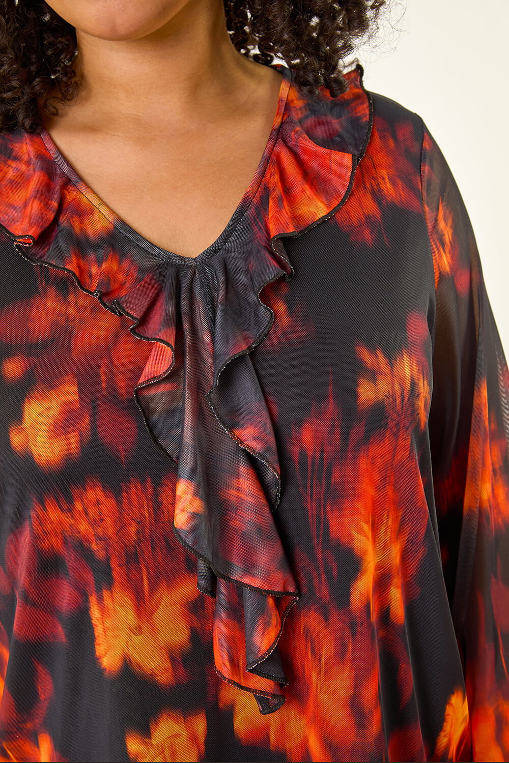 Orange Curve Ruffle Mesh Tunic Top | Roman UK