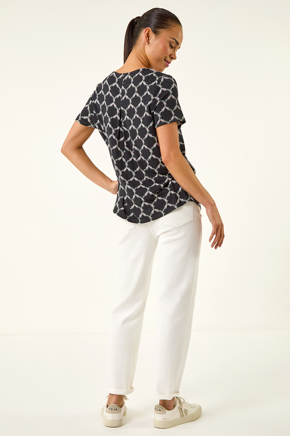 Black Petite Abstract V-Neck Stretch Top | Roman UK