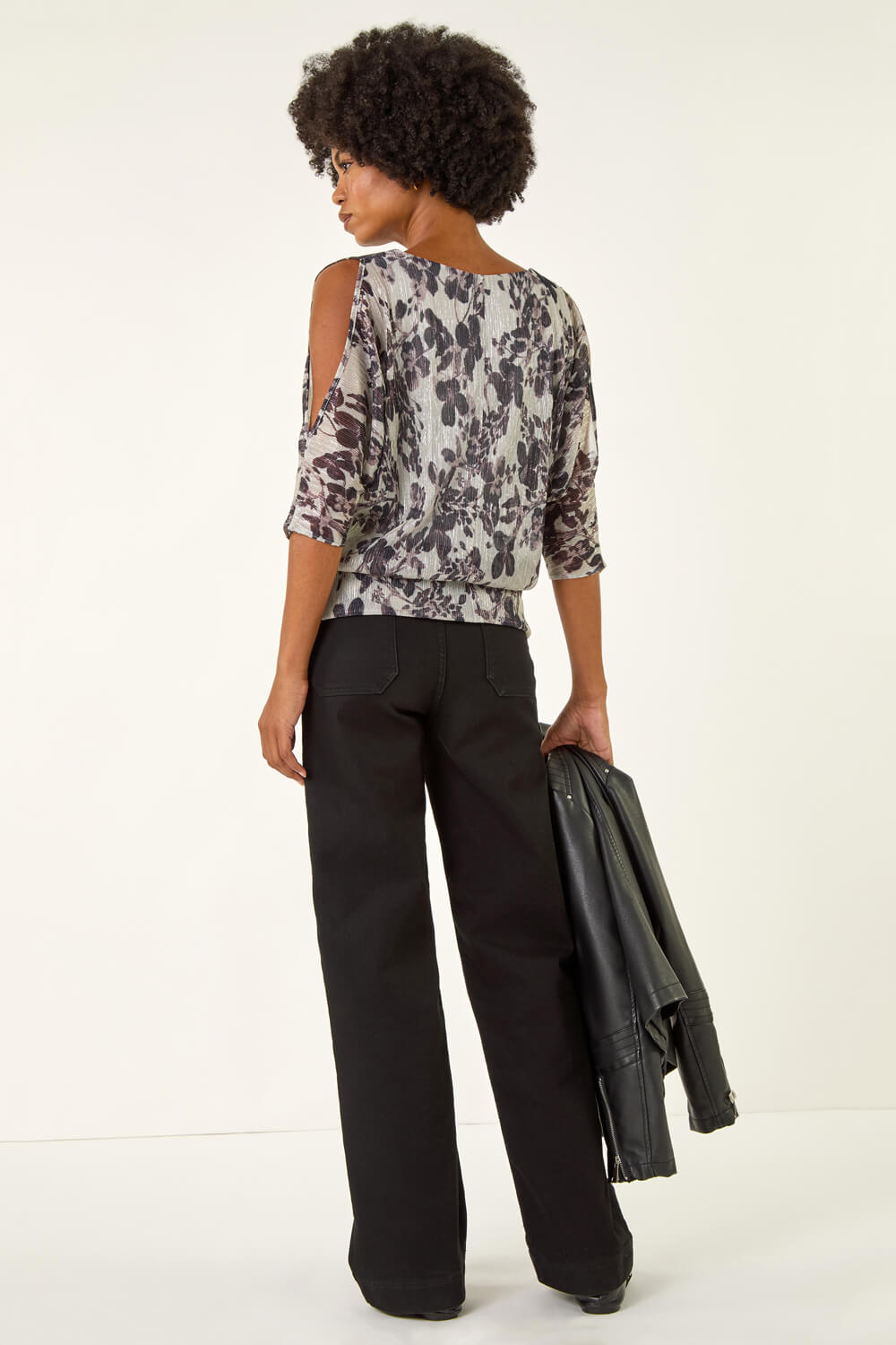 Grey Metallic Plisse Banded Hem Top | Roman UK