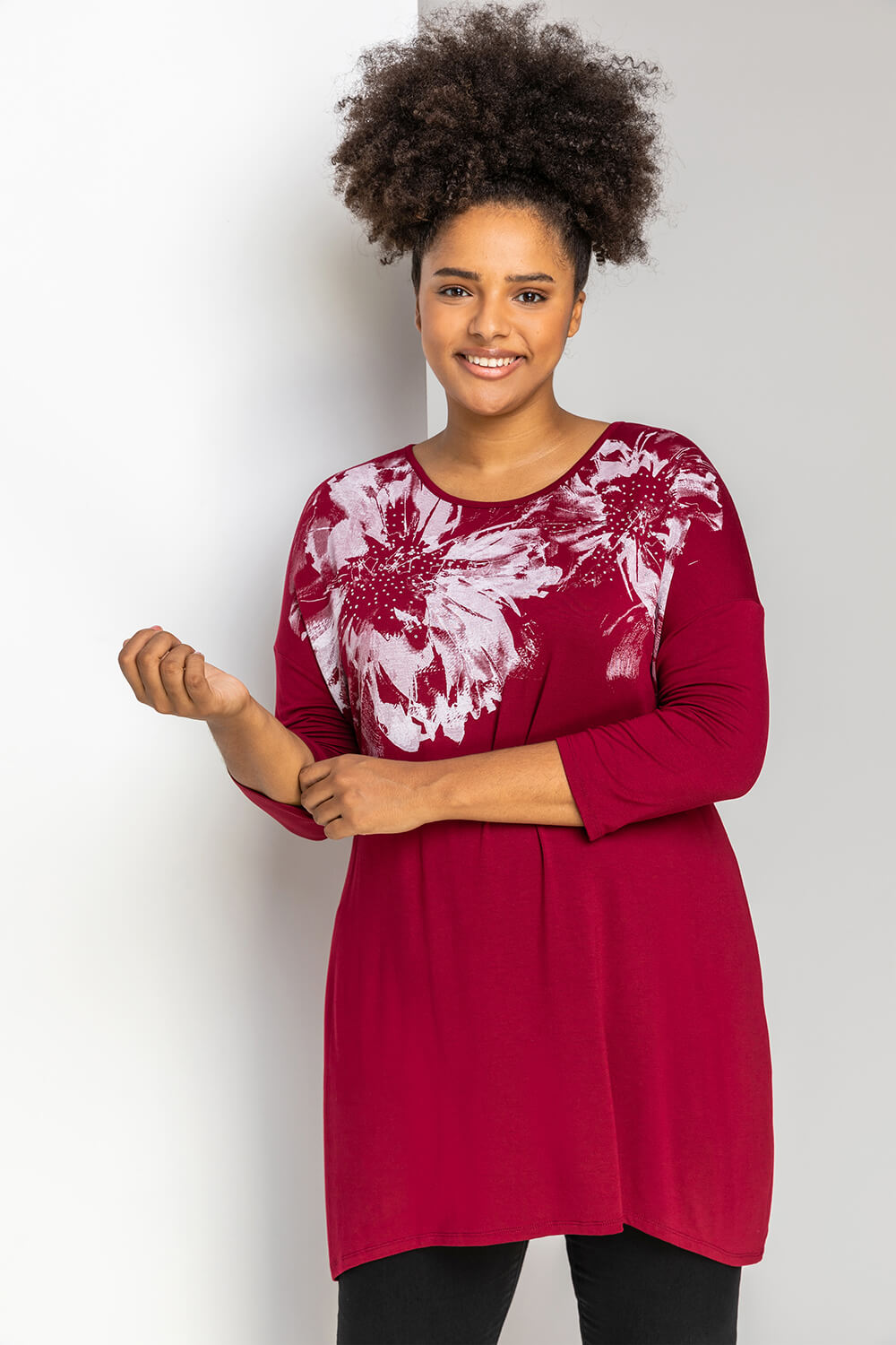 Curve Floral Embellished Top in Wine - Roman Originals UK