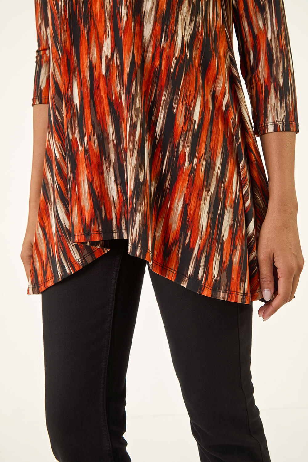 Orange Abstract Print Hanky Hem Stretch Top | Roman UK