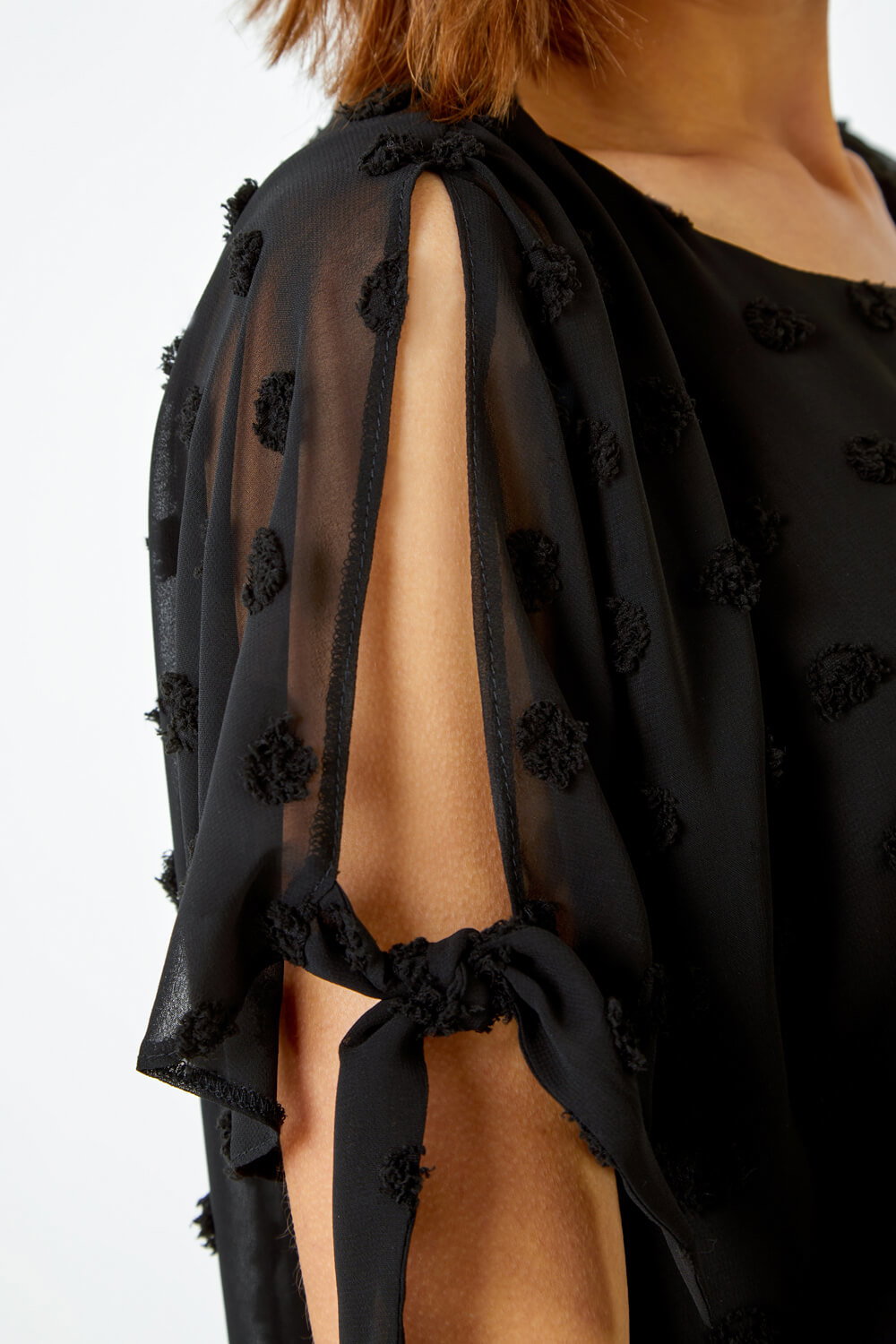 Black Textured Spot Split Sleeve Top | Roman UK
