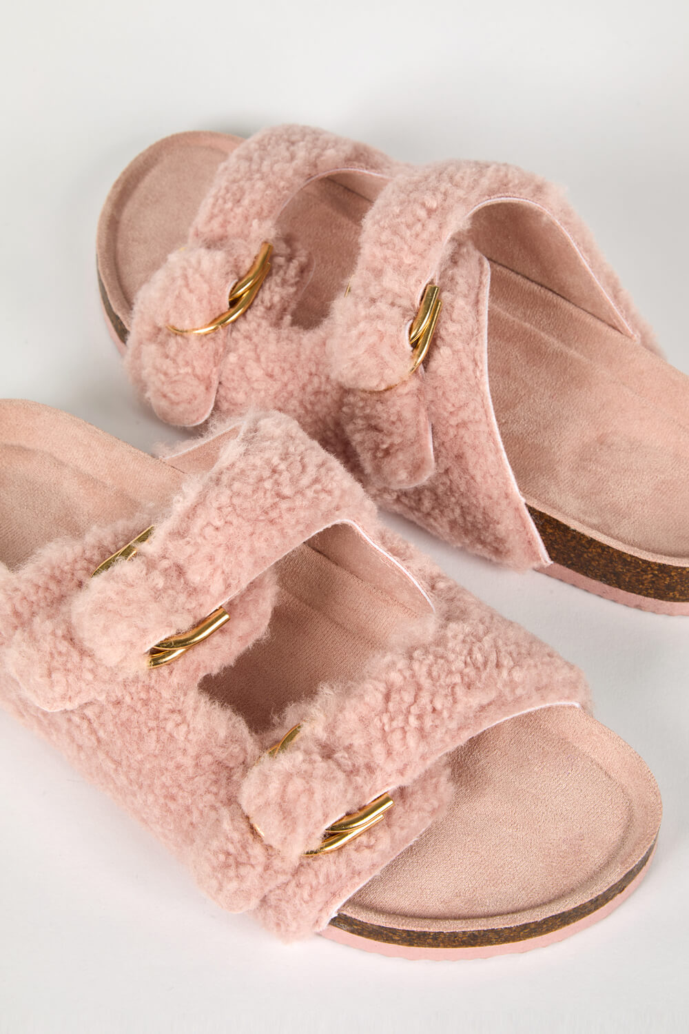 Pink Faux Fur Double Buckle Slipper | Roman UK