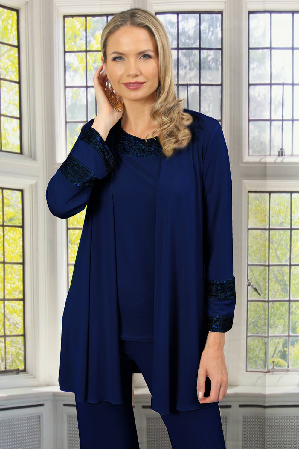 Midnight Blue Julianna Jersey Sequin Cuff Jacket | Roman UK