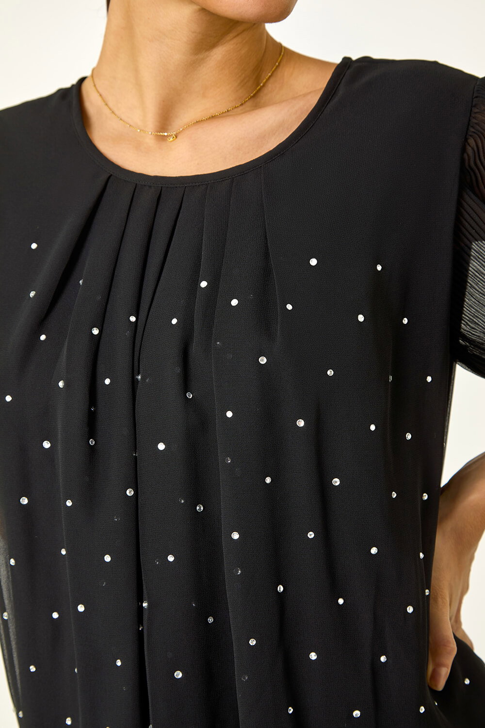 Black Pleated Sleeve Hotfix Detail Top | Roman UK