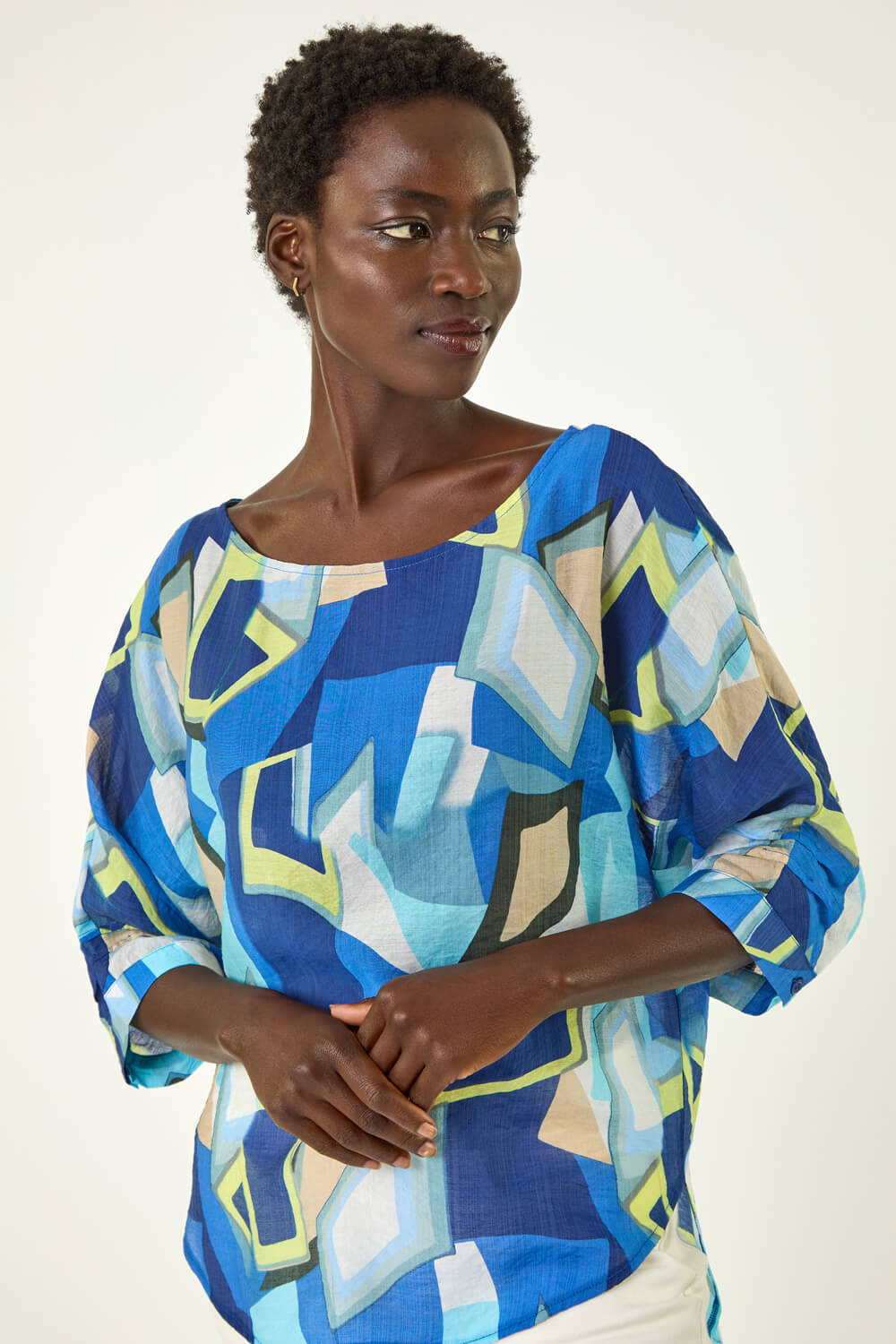 Blue Abstract Print Stretch Top | Roman UK