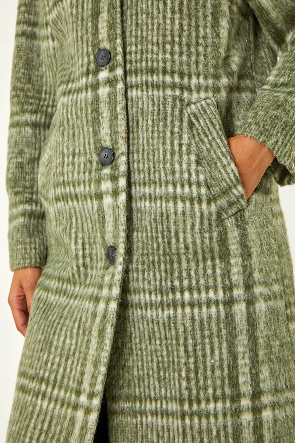 Green Check Print Brushed Buttoned Coat | Roman UK