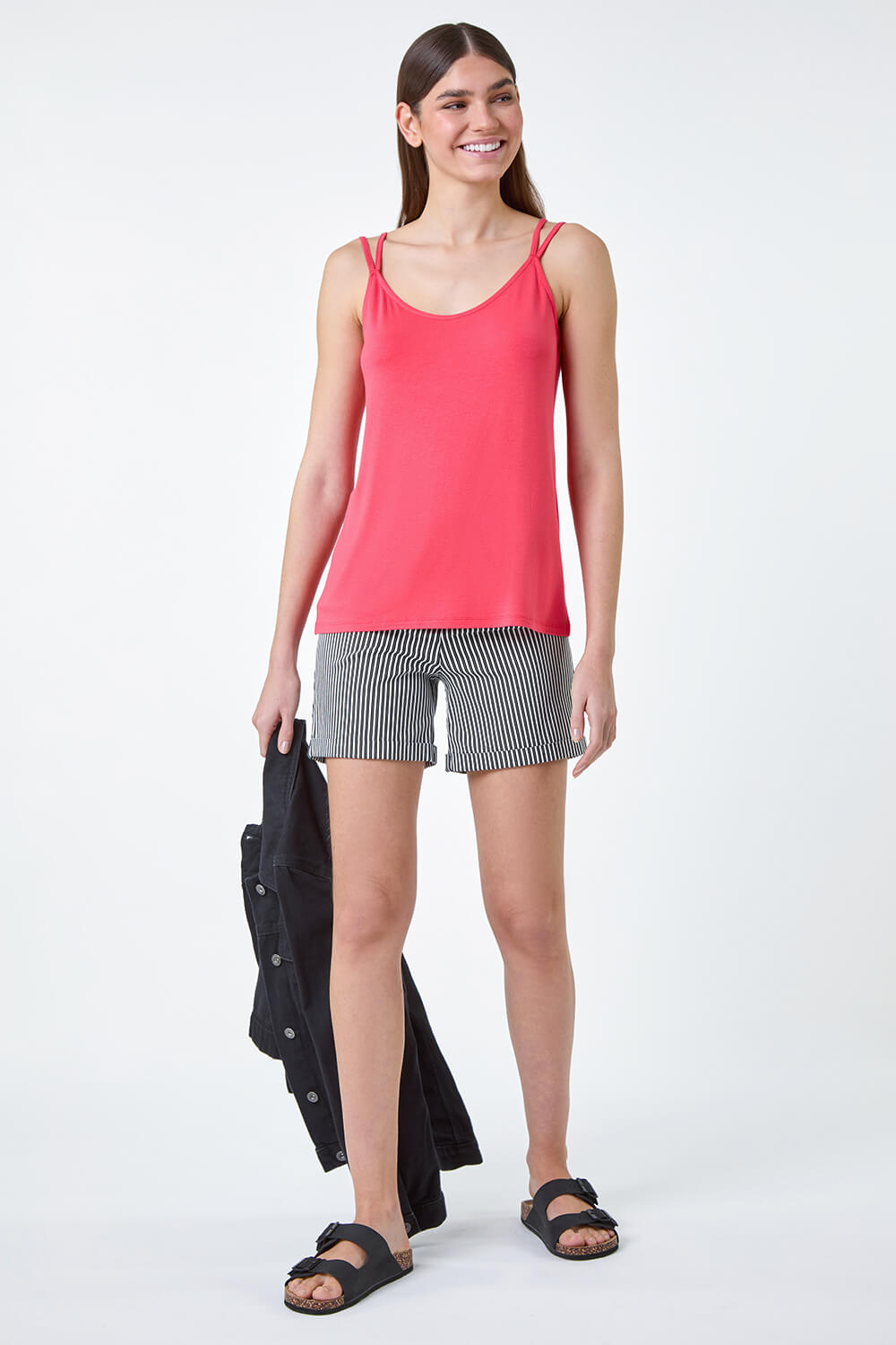 Coral Plain Double Strap Stretch Vest Top | Roman UK