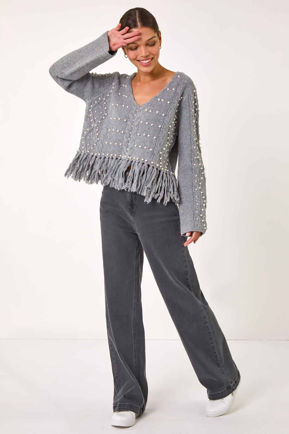 Grey V-Neck Fringe Textured Jumper | Roman UK