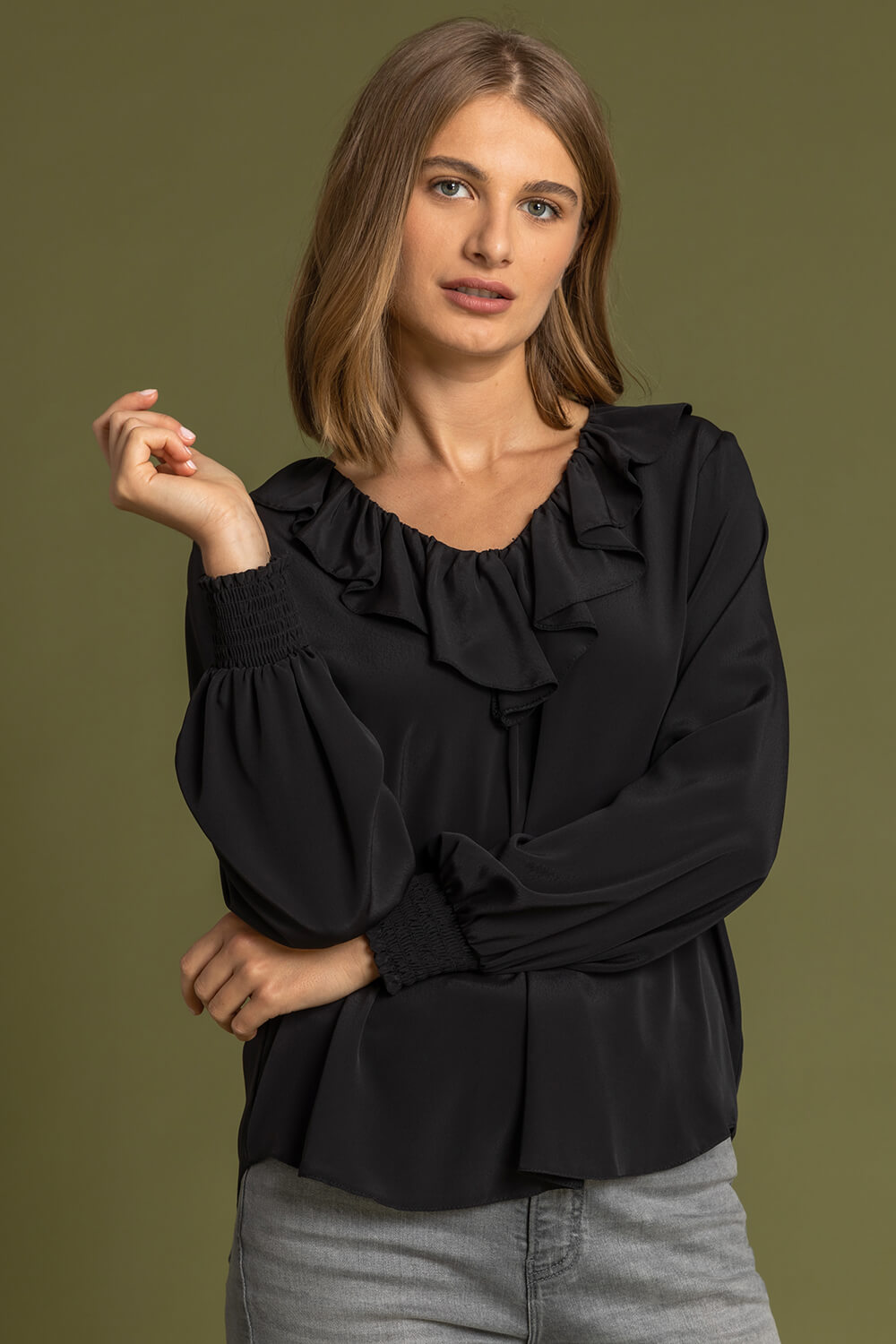 Chiffon Frill Neck Detail Top in Black - Roman Originals UK
