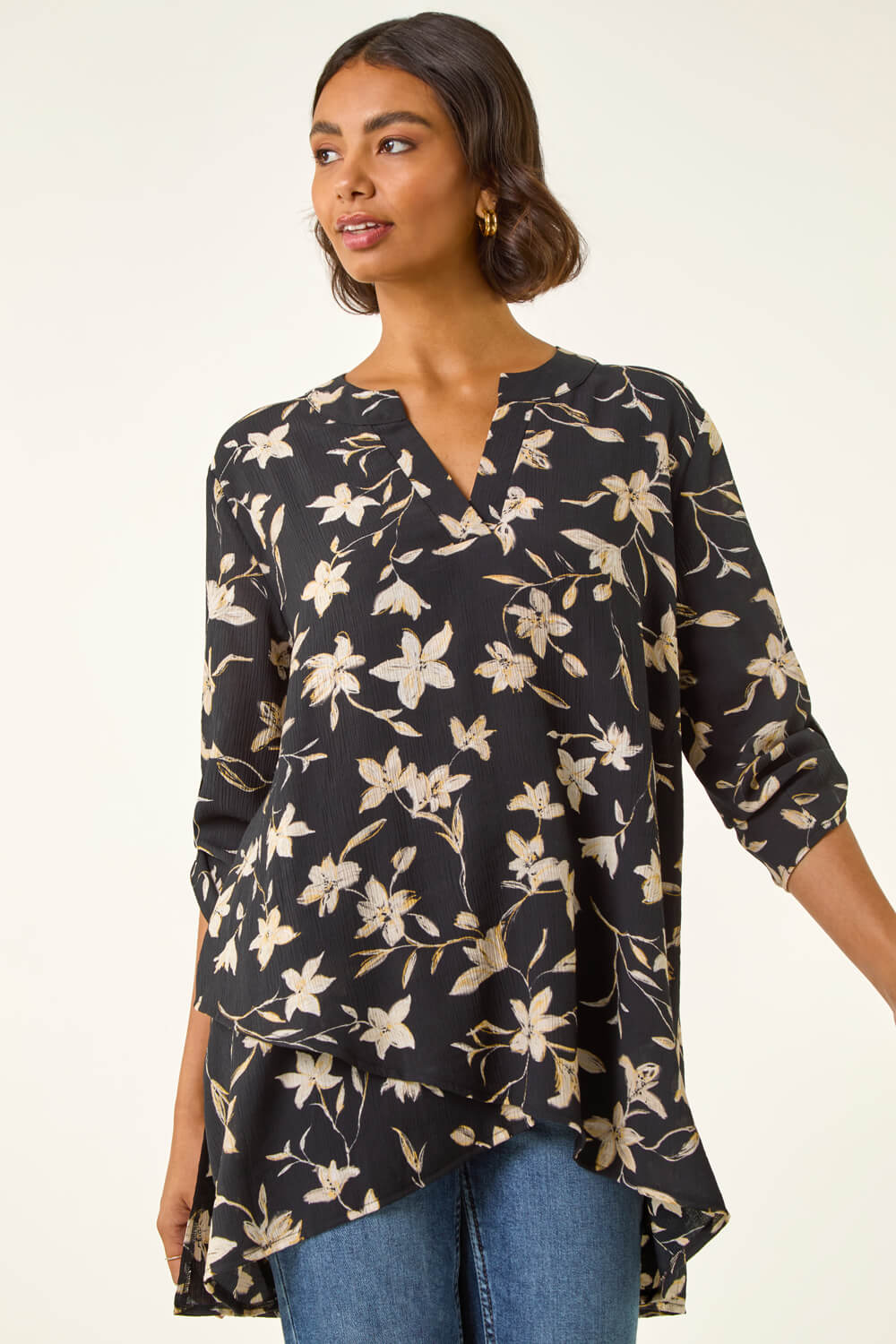 Black Floral Wrap Hem Tunic Top | Roman UK