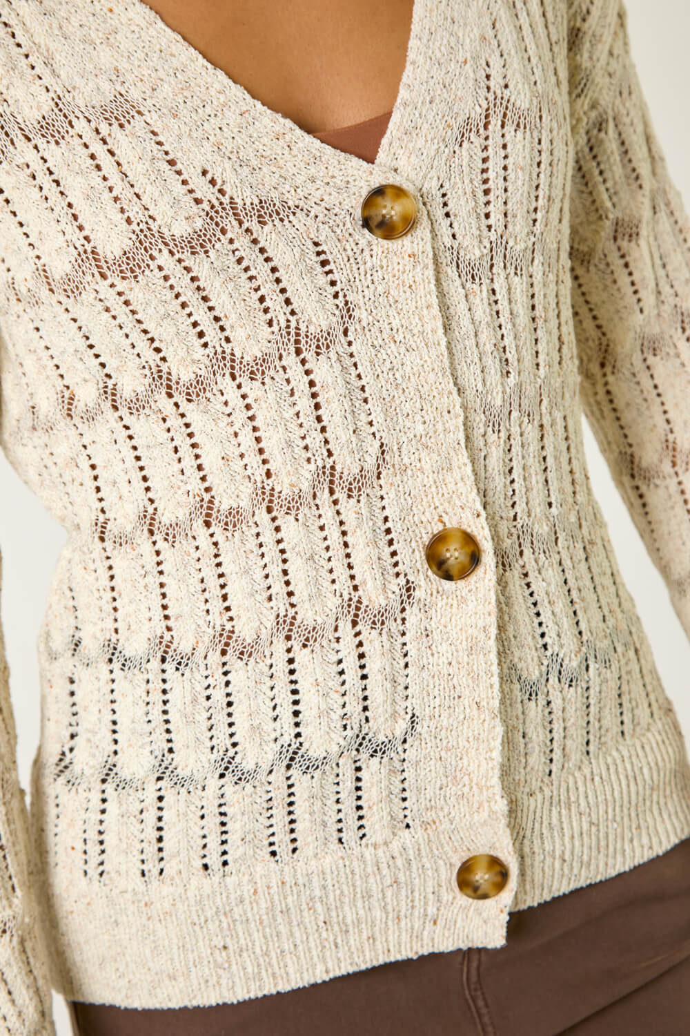 Beige Stitch Detail Button Through Knit Cardigan | Roman UK