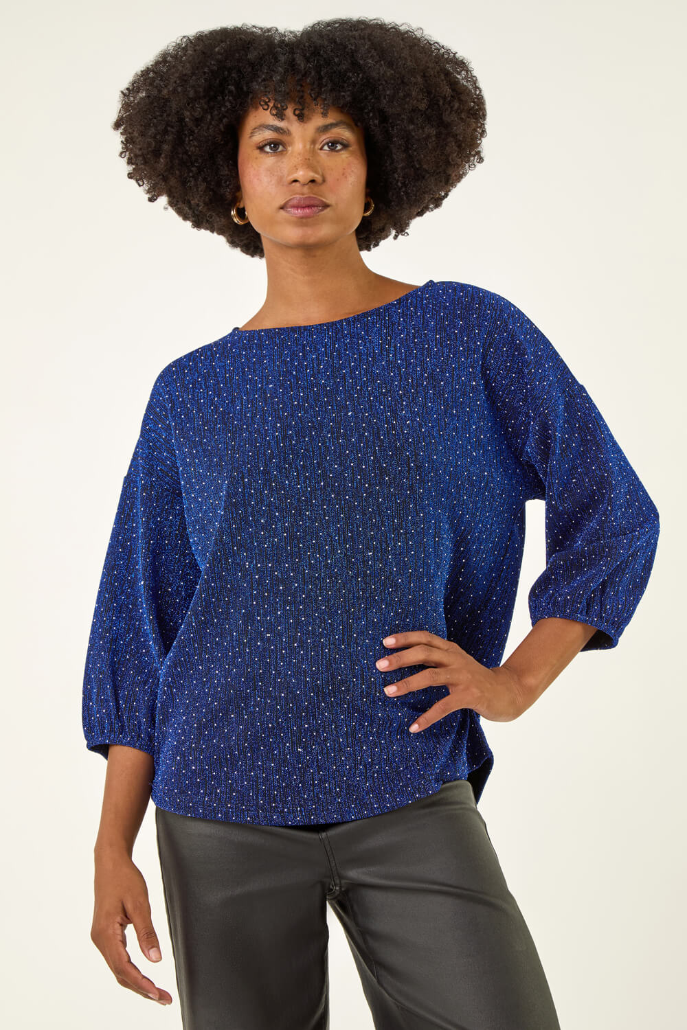 Blue Metallic Textured Stretch Top | Roman UK