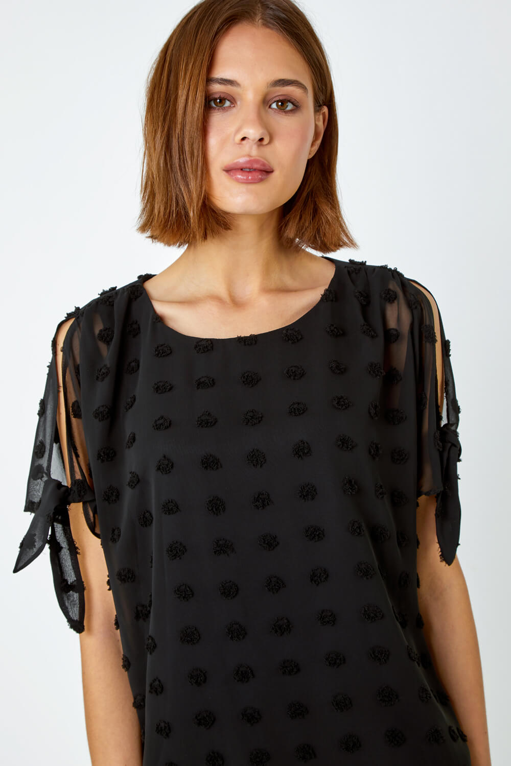 Black Textured Spot Split Sleeve Top | Roman UK