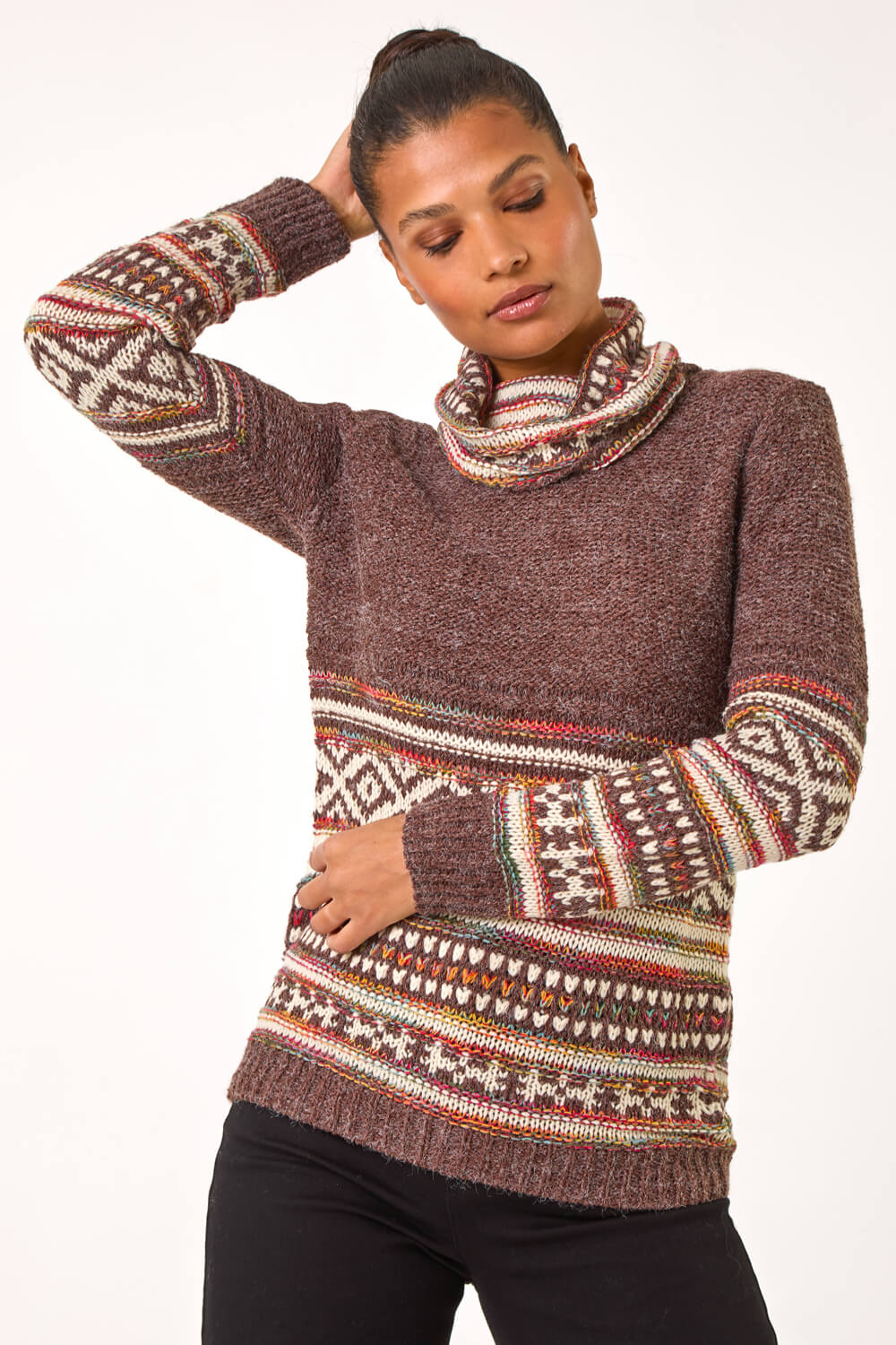 Brown Abstract Print Roll Neck Knit Jumper | Roman UK