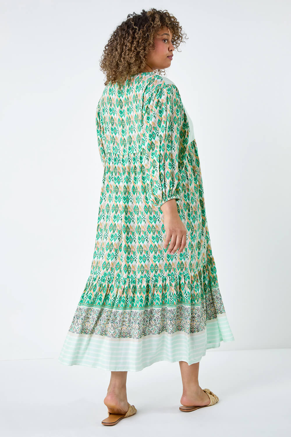 Green Curve Boho Print Tiered Midi Dress | Roman UK