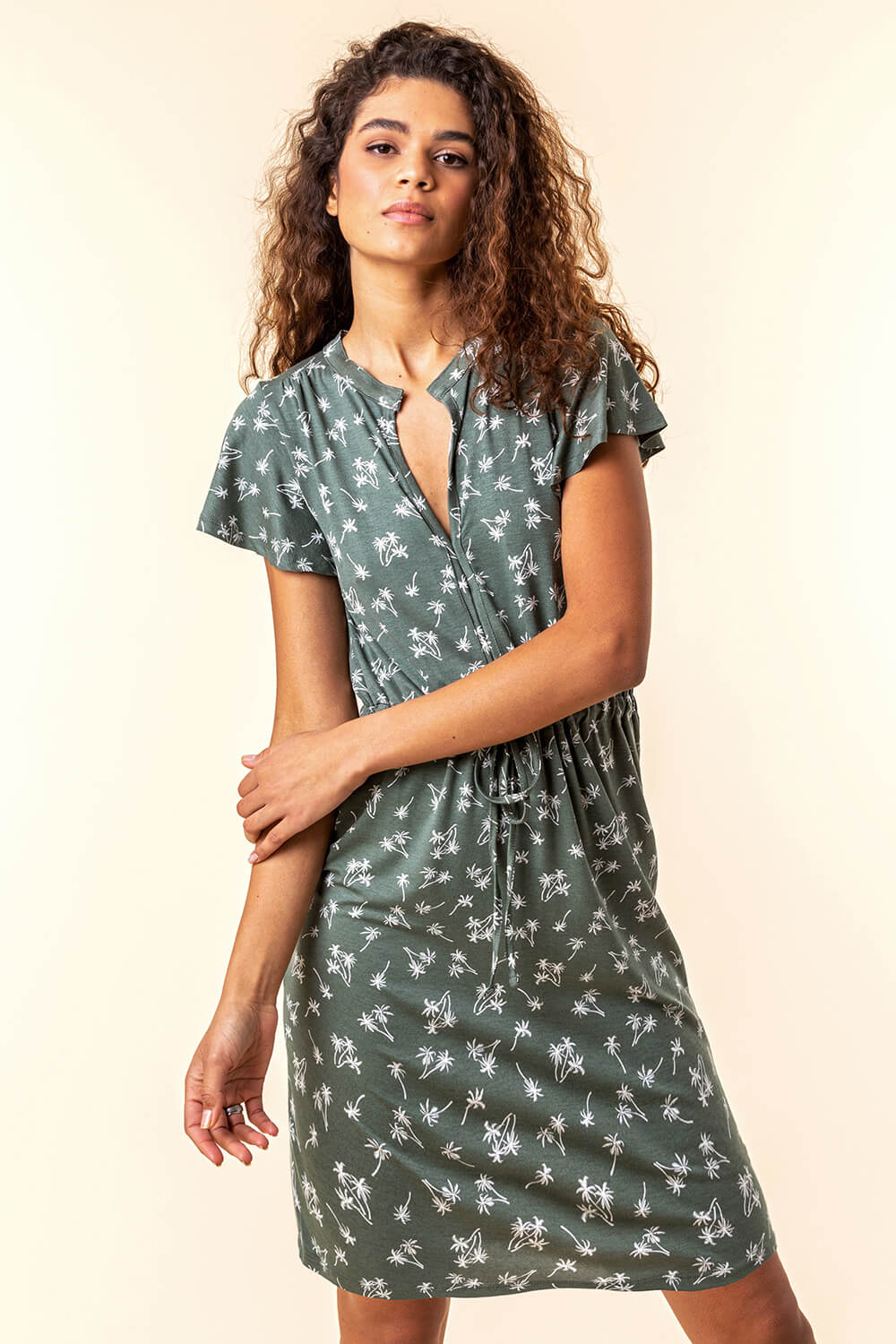 Palm Print Drawstring Waist Dress in KHAKI - Roman Originals UK