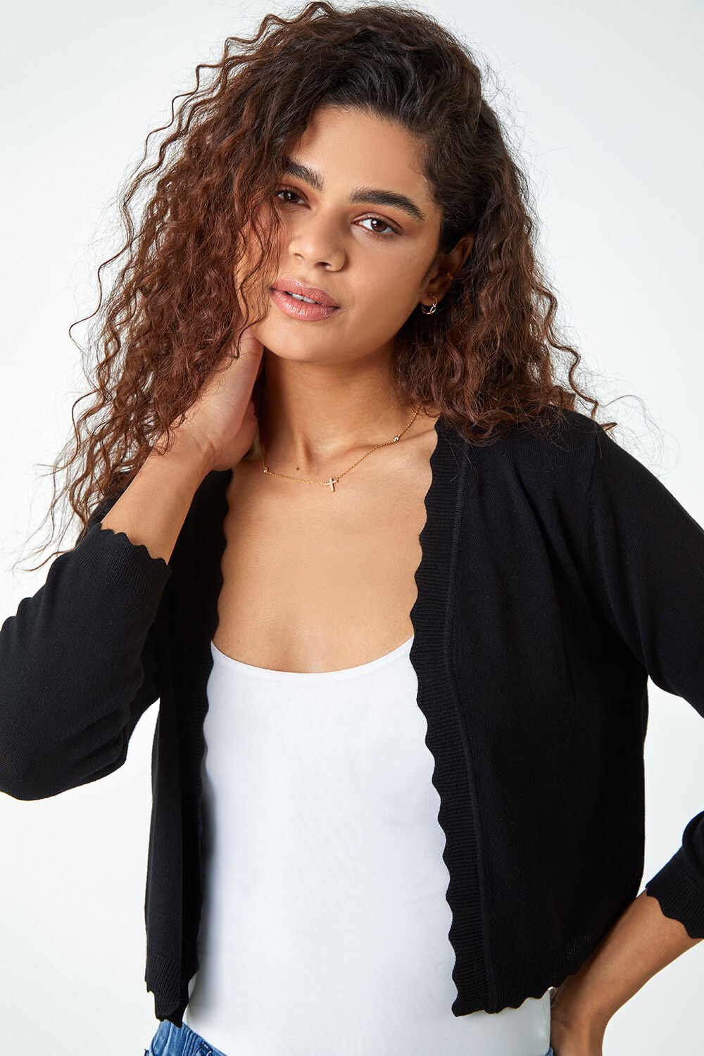 Black Scalloped Edge Stretch Knit Shrug | Roman UK
