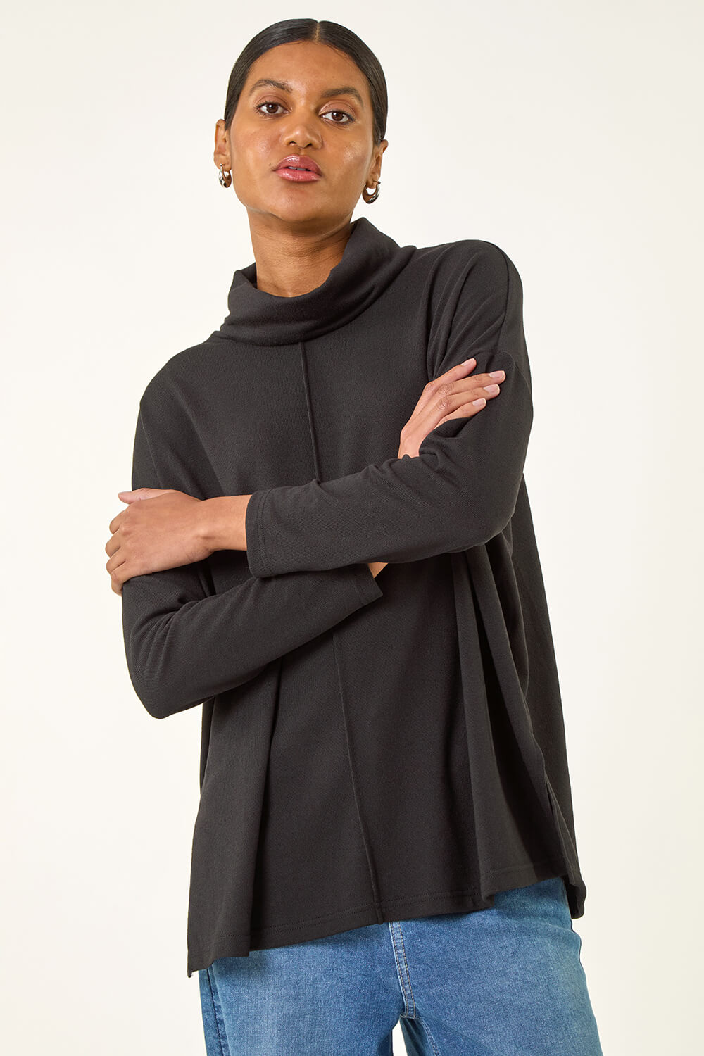 Black Cowl Neck Snit Top | Roman UK