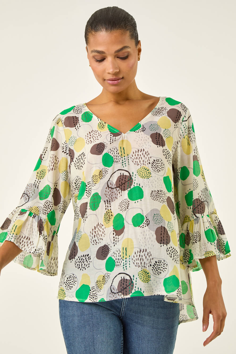 Green Abstract Spot Flare Sleeve Top | Roman UK