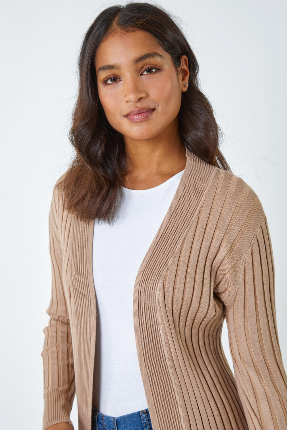 Ribbed Longline Cardigan in Camel - Roman Originals UK