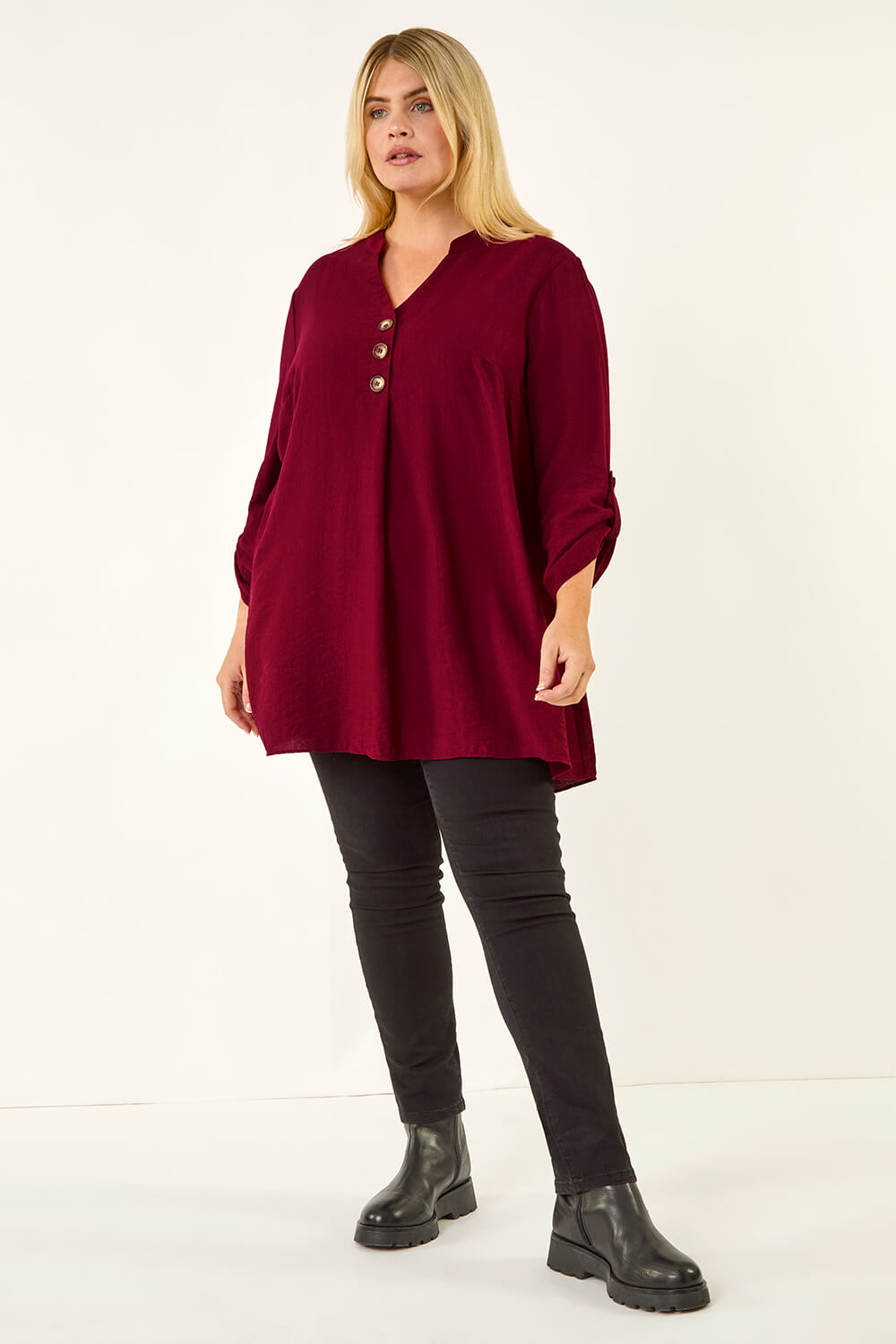Wine Curve Textured Buttoned Tunic Top | Roman UK