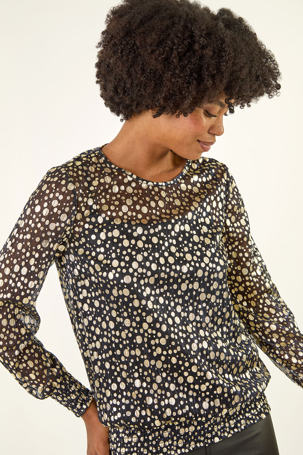 Gold Spot Print Plisse Shirred Top | Roman UK
