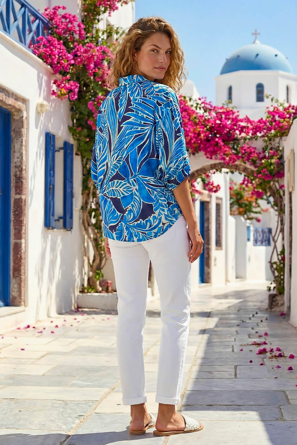 Blue Leaf Print Pleated Collared Top | Roman UK