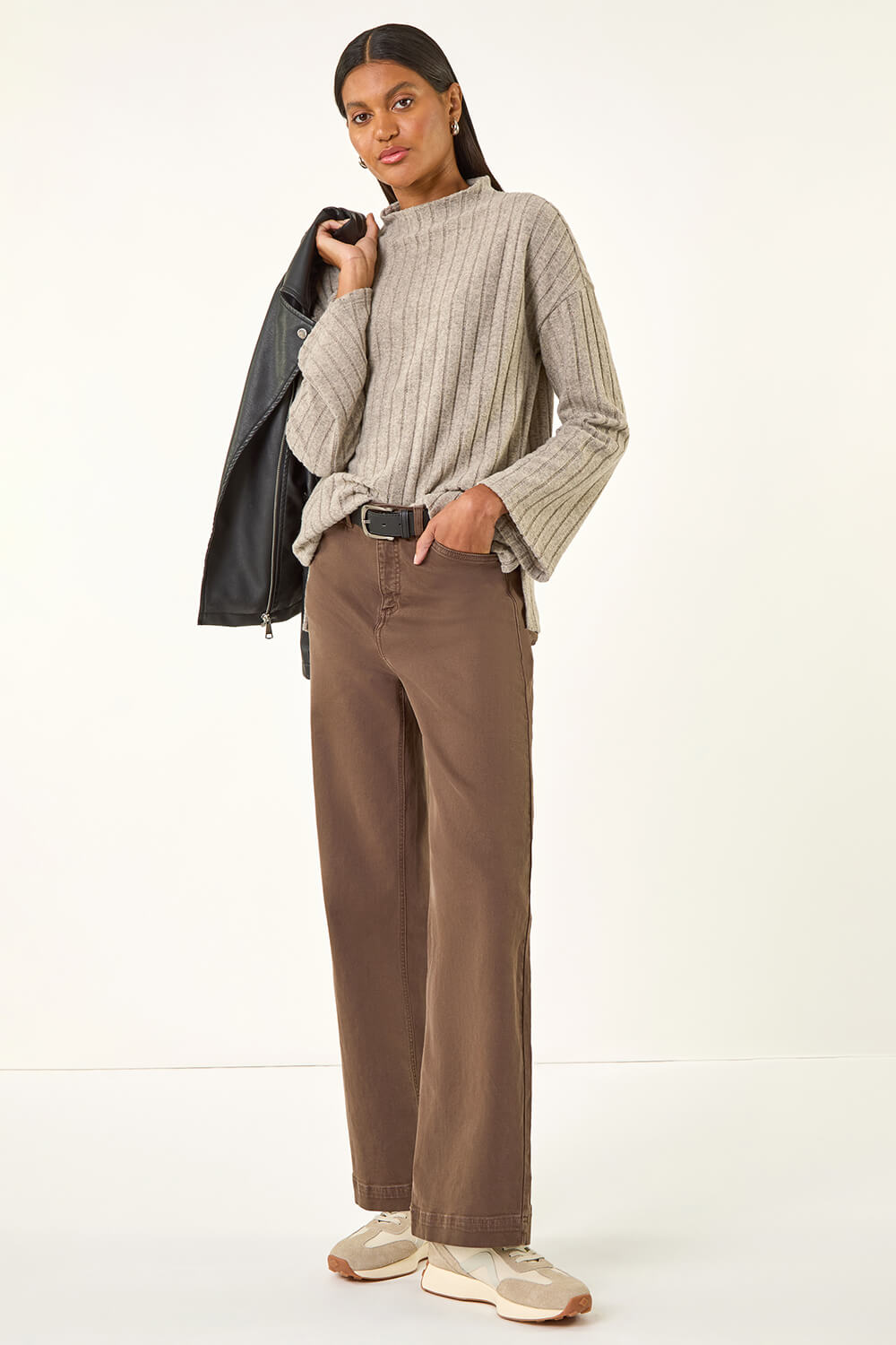 Natural High Neck Ribbed Snit Top | Roman UK