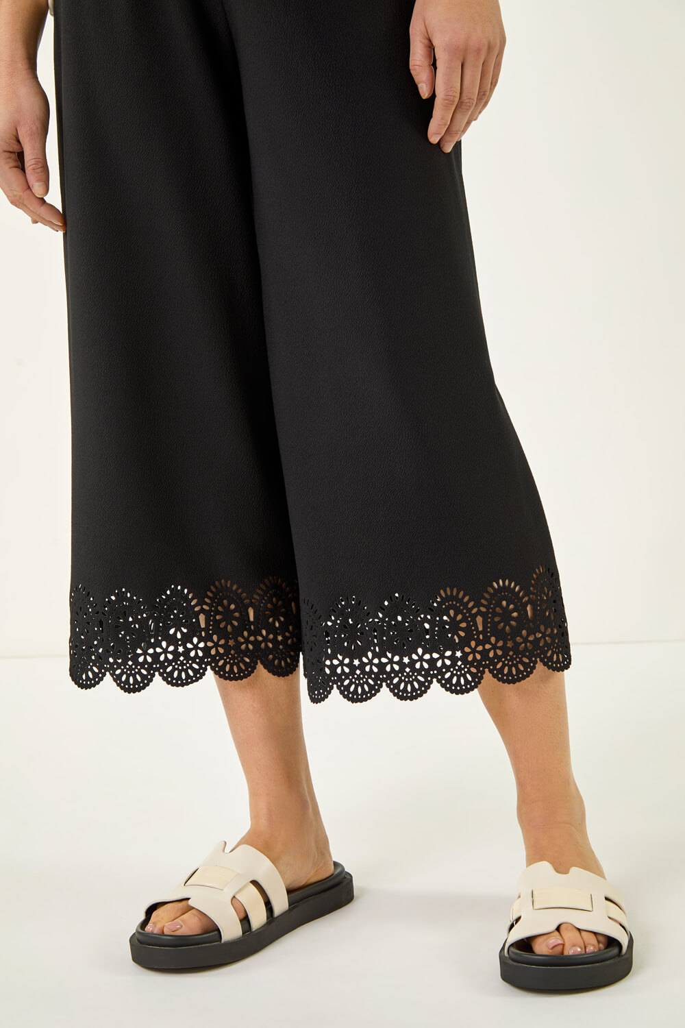 Black Laser Cut Wide Leg Trouser | Roman UK
