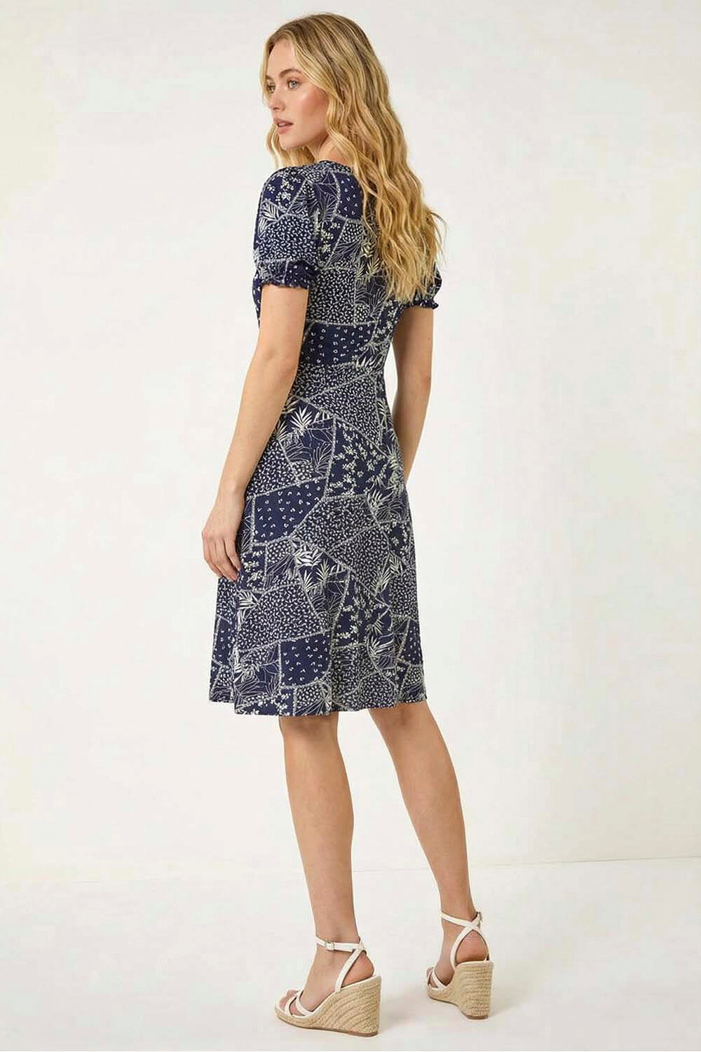 Navy Patch Print Gathered Stretch Dress | Roman UK