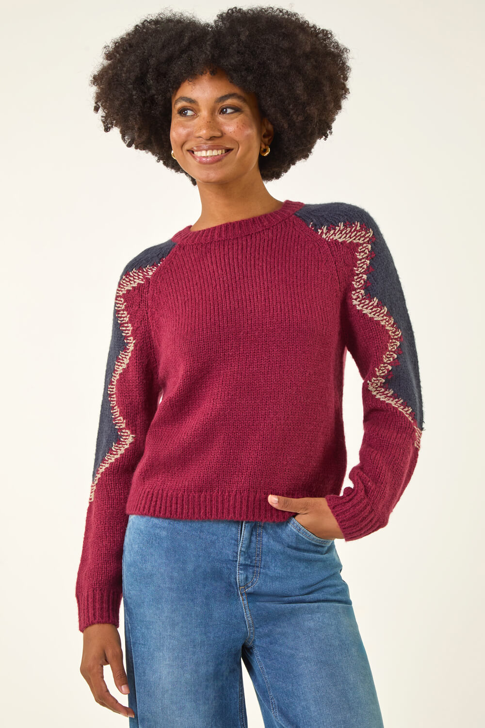 Burgundy Colour Block Soft Knit Jumper | Roman UK