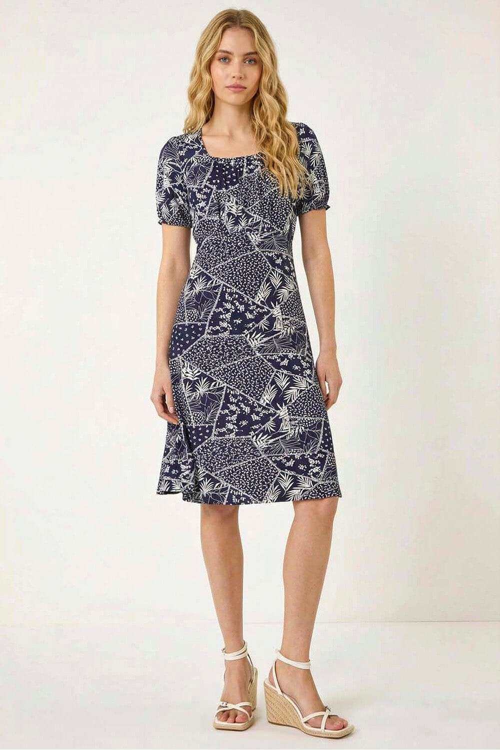 Navy Patch Print Gathered Stretch Dress | Roman UK