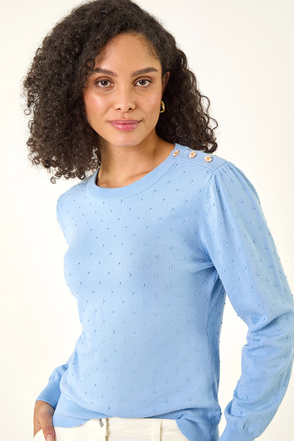 Light Blue Bobble Detail Knit Jumper | Roman UK
