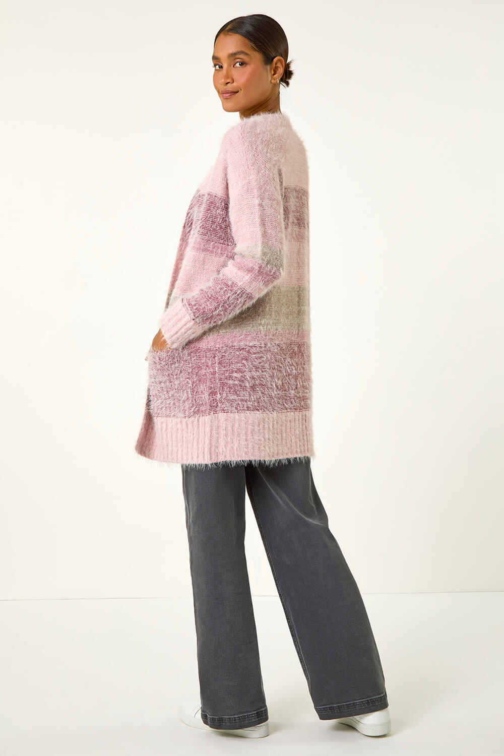 Light Pink Fluffy Stripe Pocket Cardigan | Roman UK