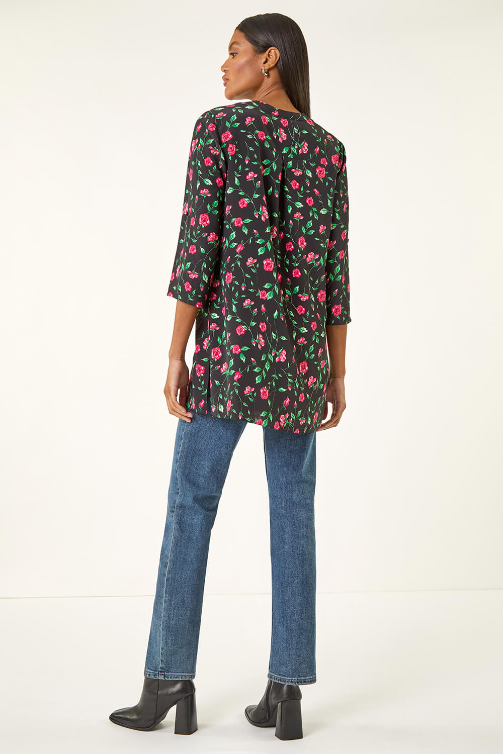 Red Rose Print Longline Buttoned Blouse | Roman UK