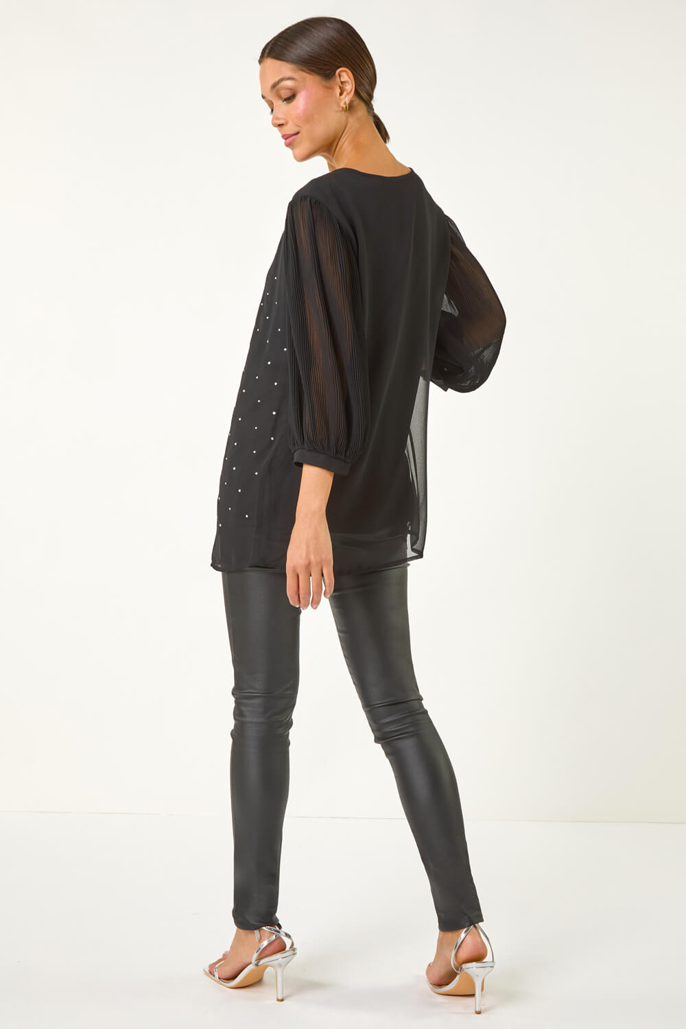 Black Pleated Sleeve Hotfix Detail Top | Roman UK